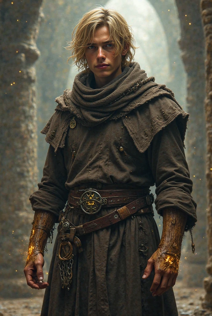 Draw a young male alchemist with dark brown clothing and wooden arms ...