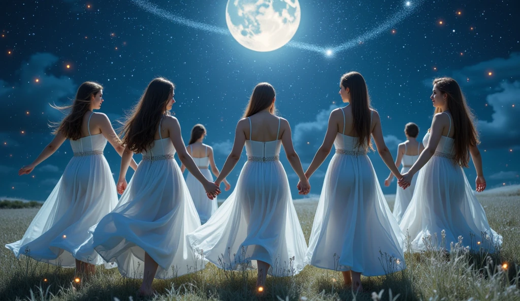 Under a vast celestial night sky, a group of moon goddesses dance in a ...