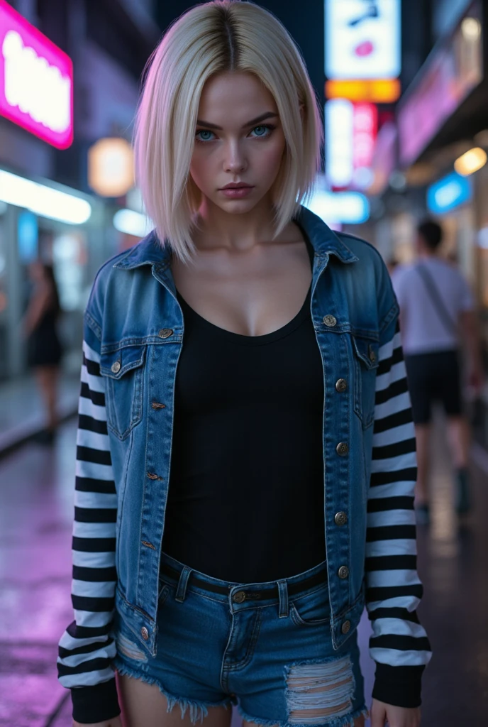 "A realistic woman looking like Dragon Ball's Android 18. She has ...
