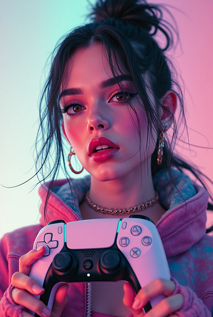 Un skin Billie eilish multicolore avec une mannette ps5 dans la main - SeaArt AI