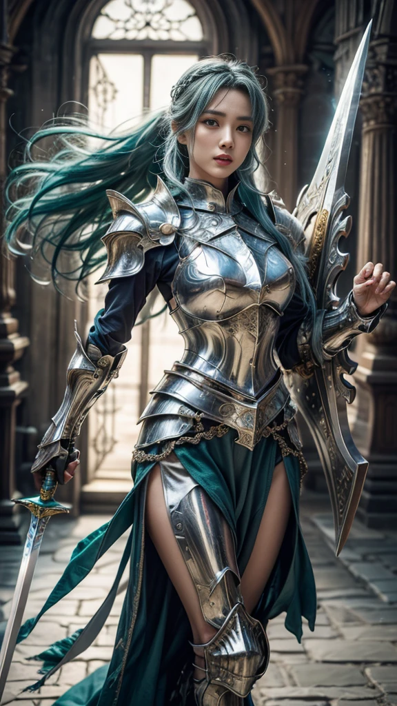 A long-haired female knight with light blue hair、wears silver plate armor - SeaArt AI