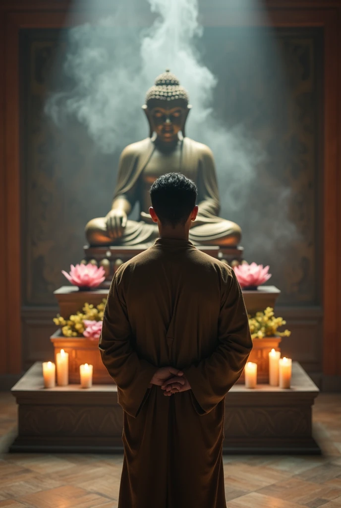 A man standing with his hands clasped in a prayer gesture, respectfully ...