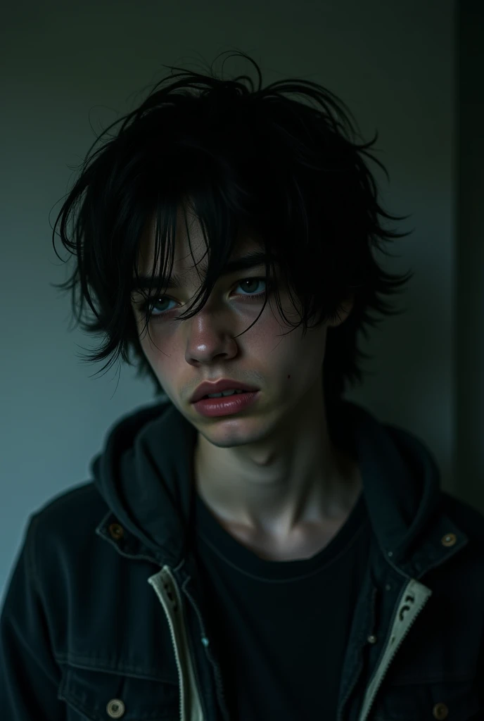 18-year-old boy, hair a bit long black and disheveled. Tired and sad ...