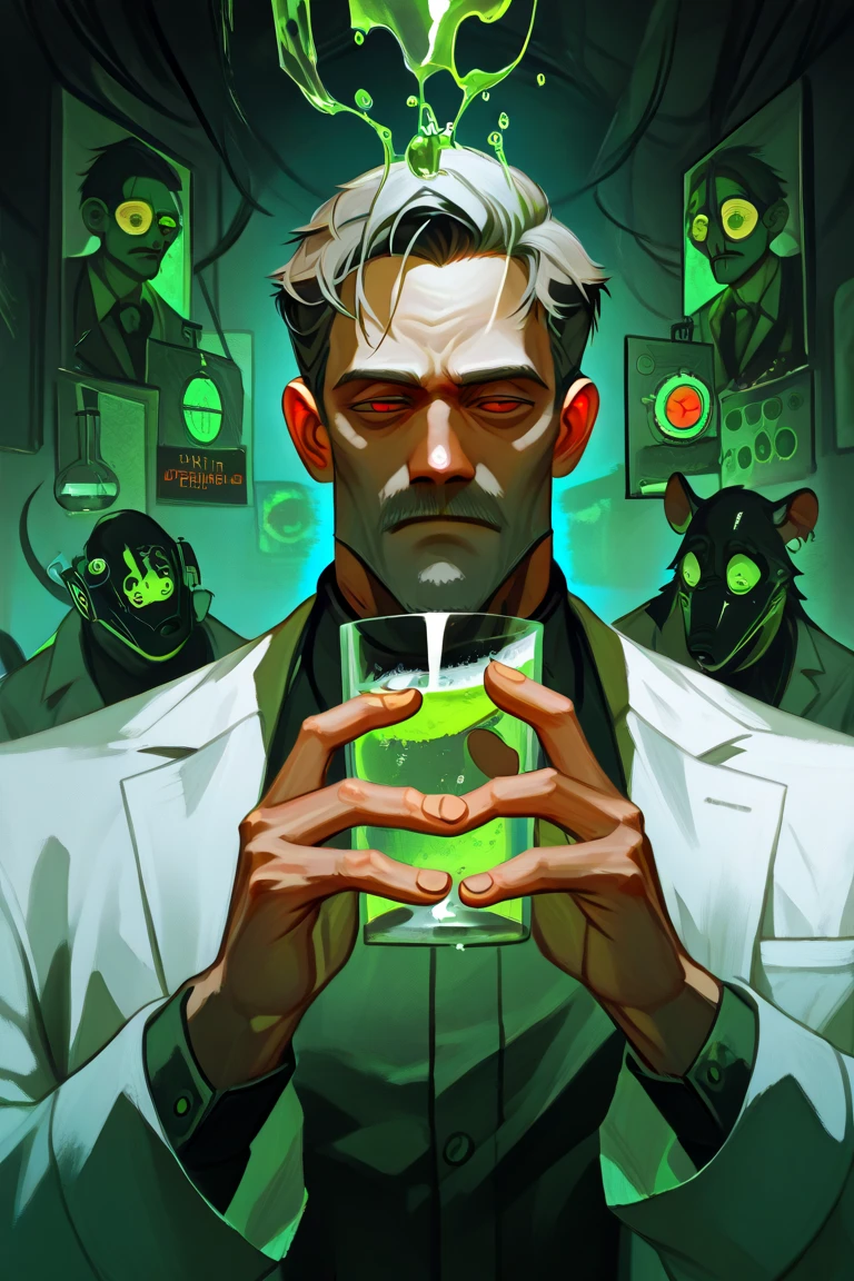 Arafed man in a lab holding a glass with a liquid inside, he is in a ...