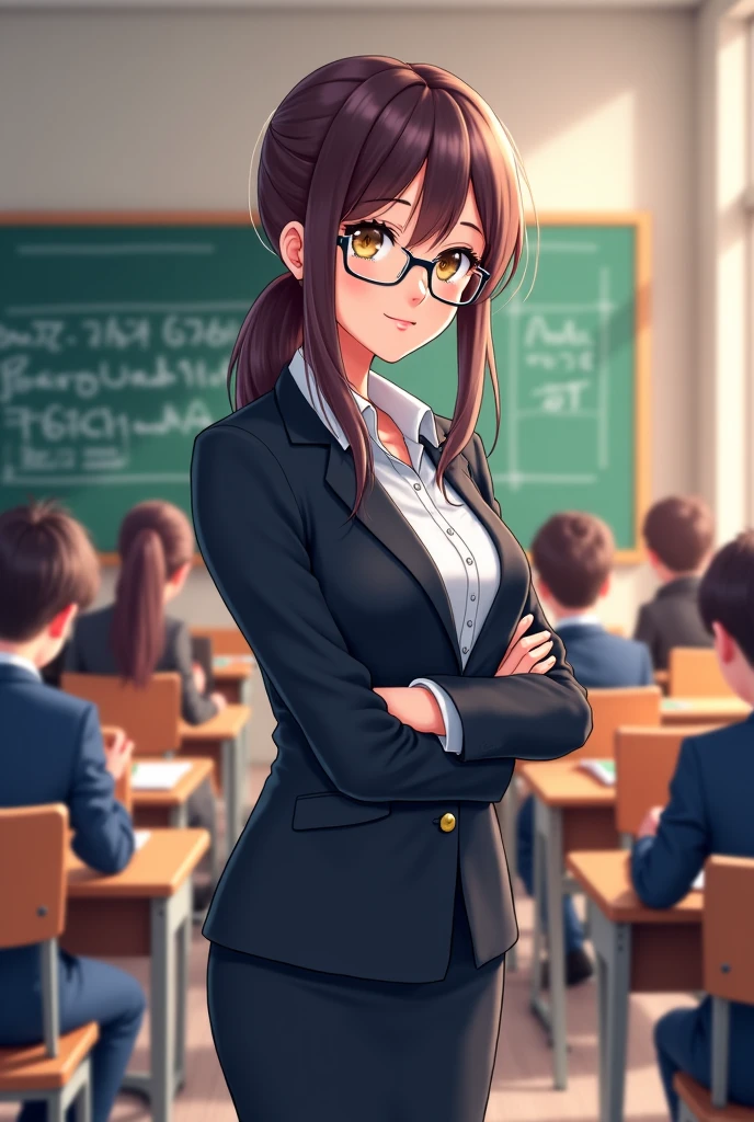 Anime image of female teacher standing on the podium and preparing to ...