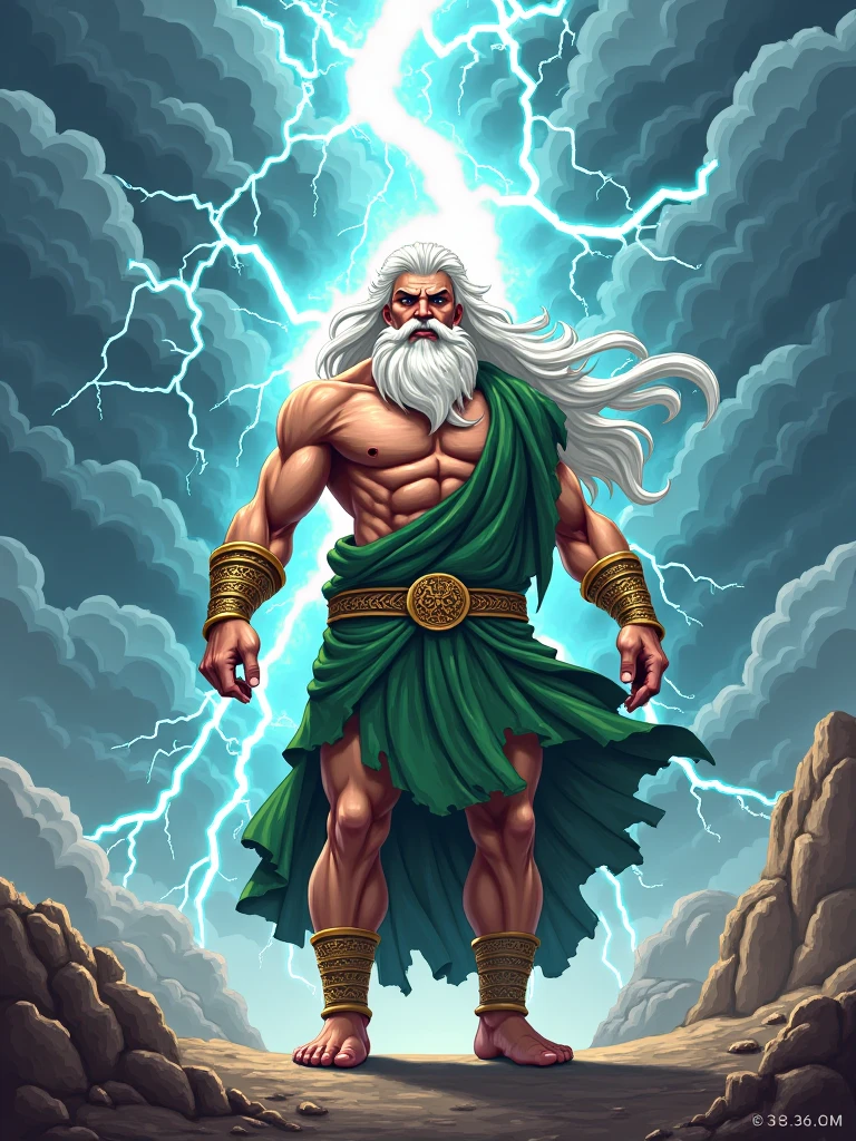 PIXEL THUNDERS BEHIND, anime, Pixel art, BEARDED ZEUS, white hair ...