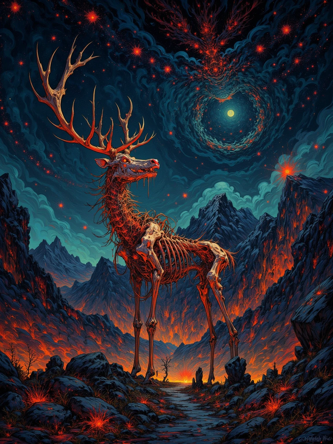 It depicts the skeleton of an elk, a four-legged animal standing under ...