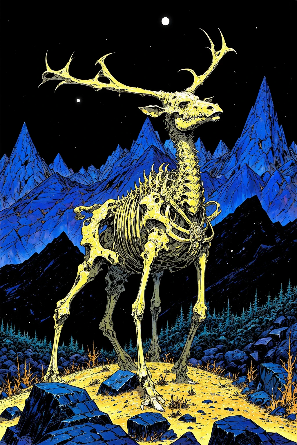 It depicts the skeleton of an elk, a four-legged animal standing under ...