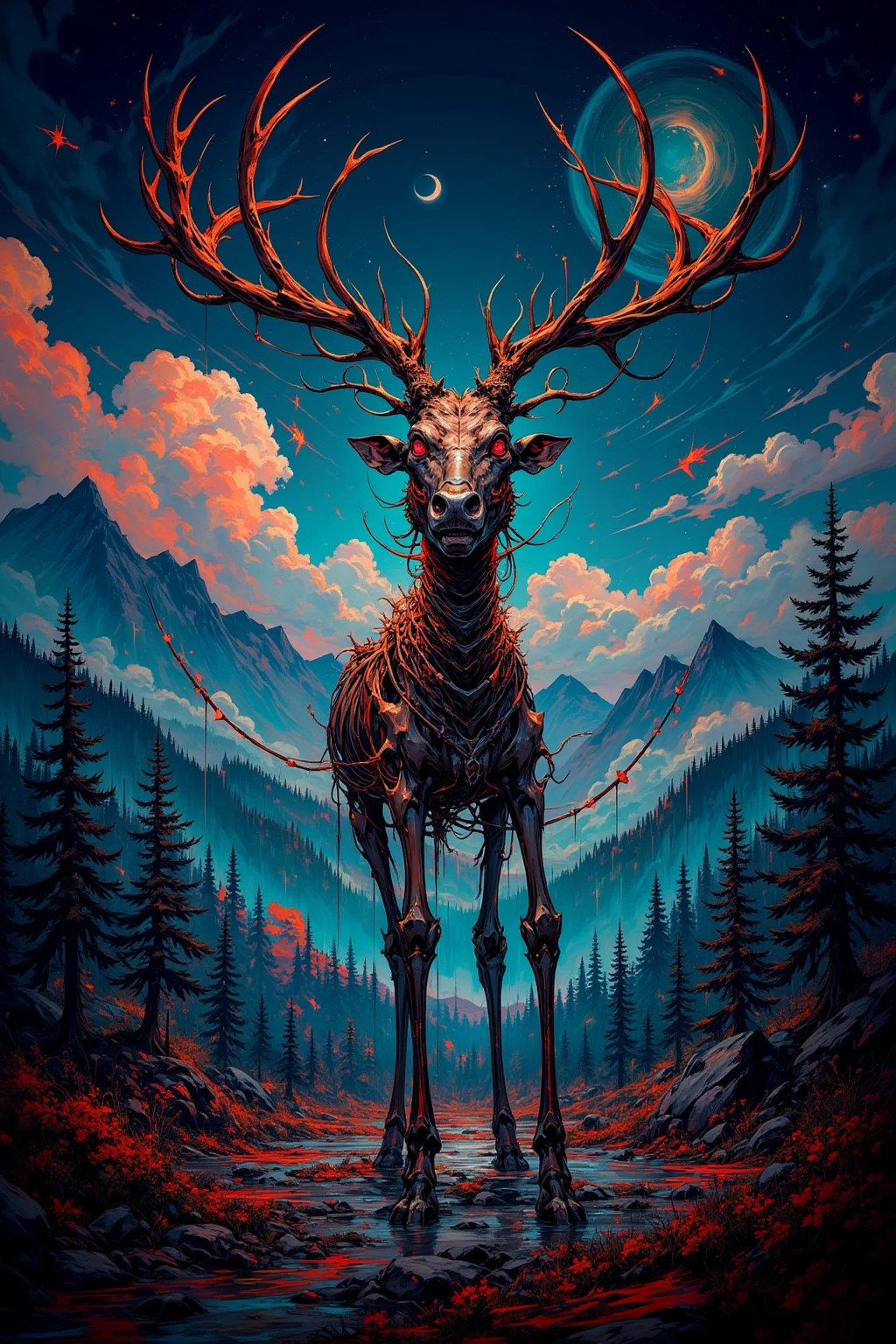It depicts the skeleton of an elk, a four-legged animal standing under ...