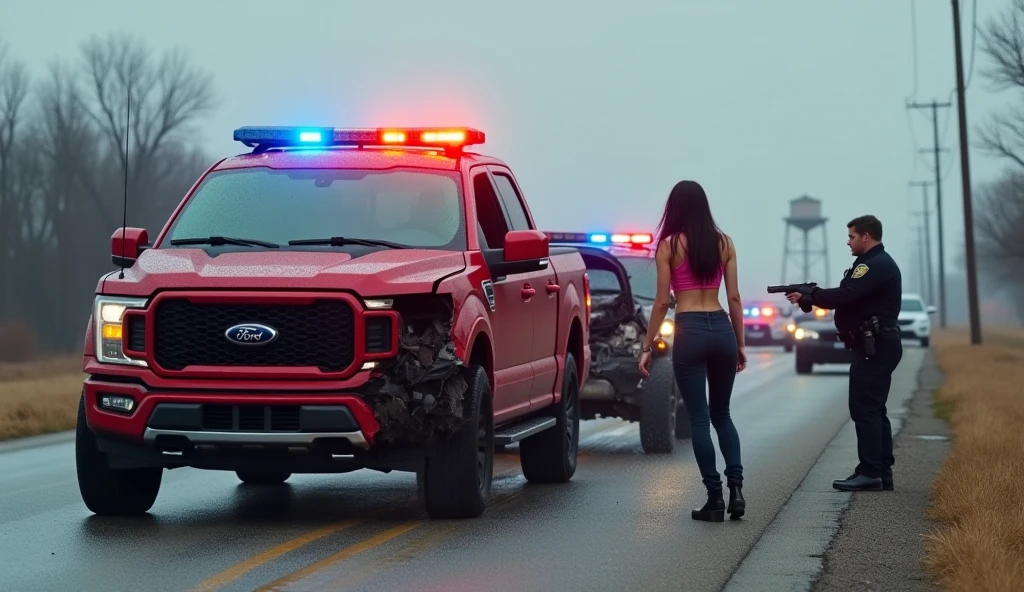 A dramatic accident scene on a rural road. A red Ford F-150 police ...