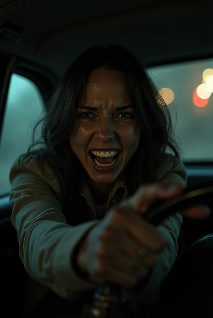 A panicked woman pulls the door handle in a taxi, her face is distorted ...