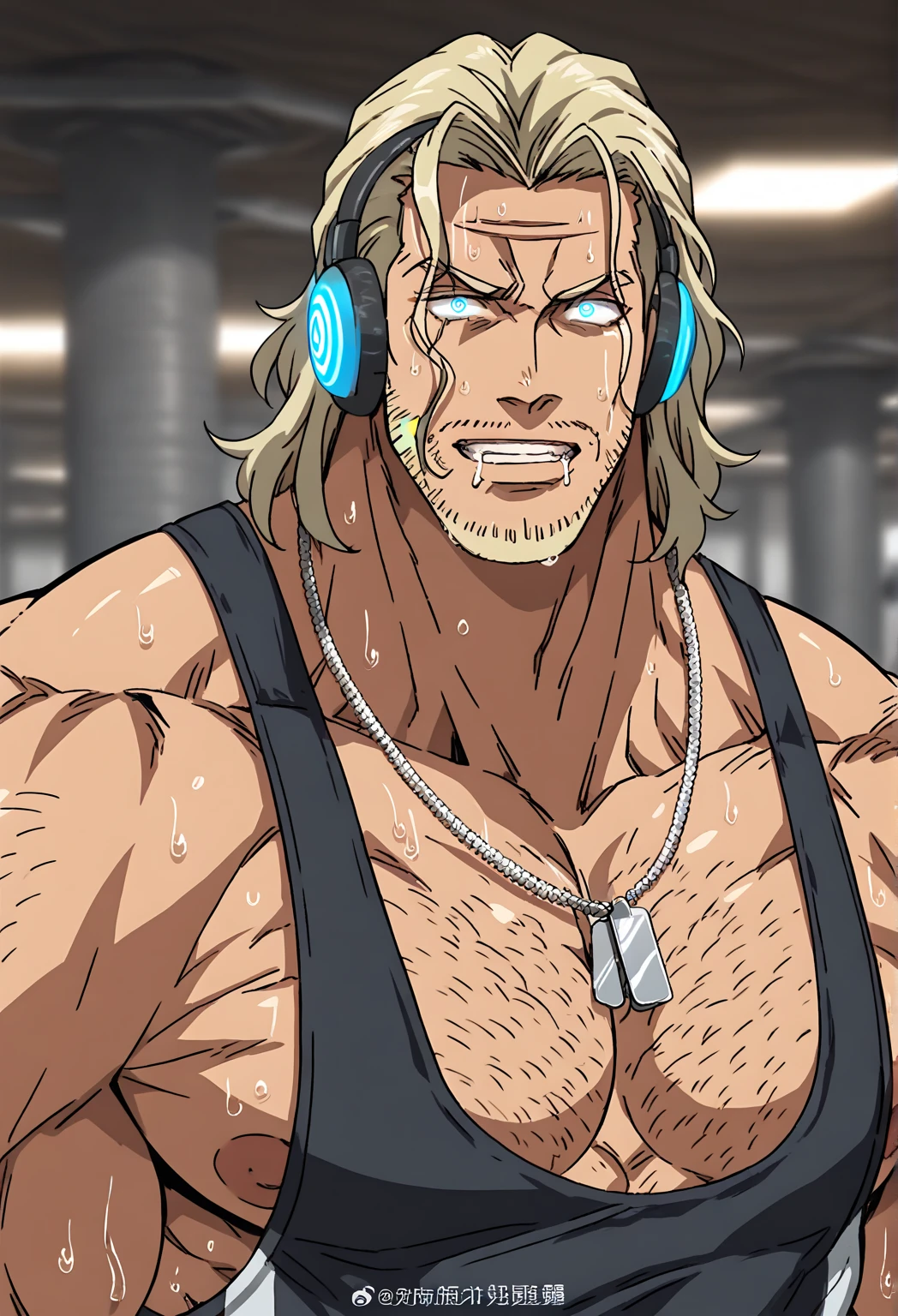 Silver Rayleigh, yellow hair, wrestling singlet, glowing headphones ...