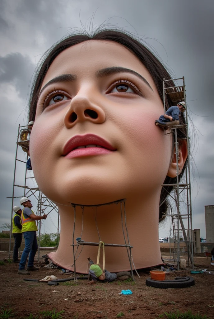 A surreal scene where construction workers build or maintain a colossal ...