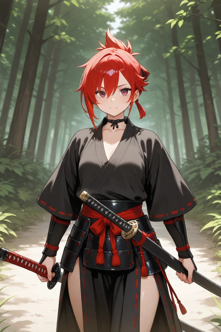 Create a thin female character with short red hair, she wears samurai ...