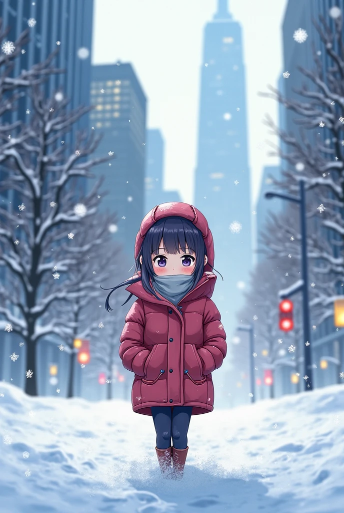 Picture of a girl in a、down coat shivering in the cold in a、frozen city ...