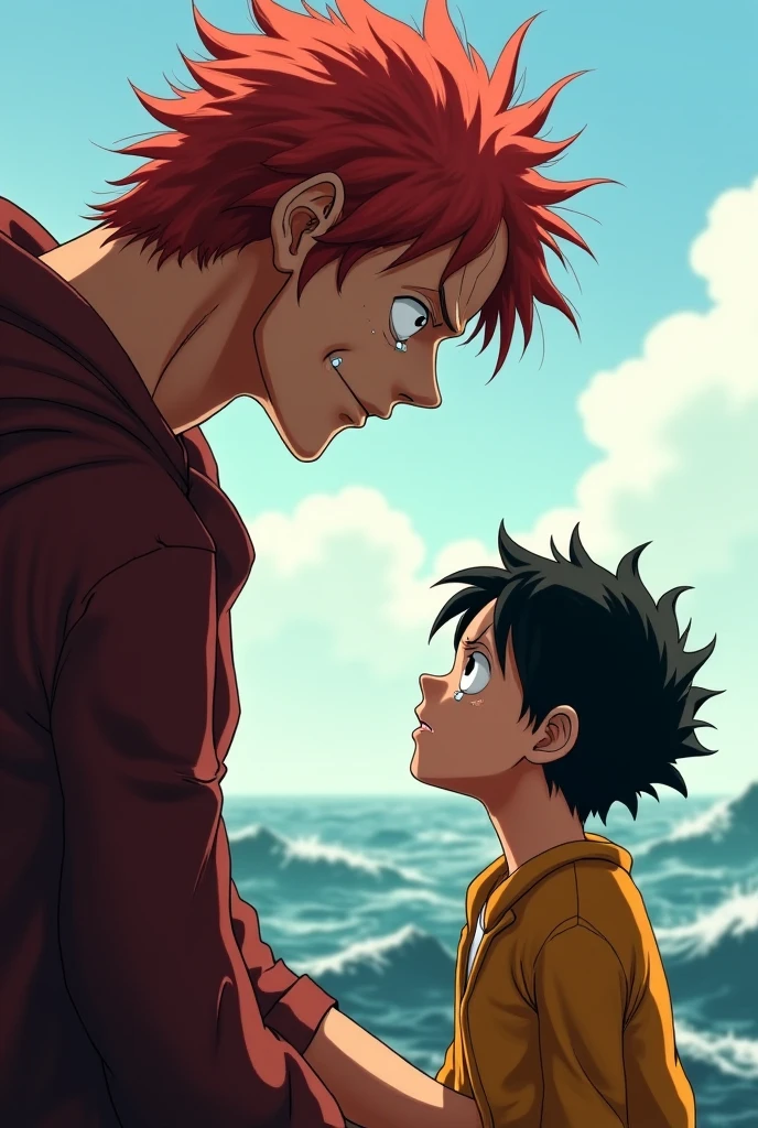 Little Luffy crying in front of Shancks reality - SeaArt AI