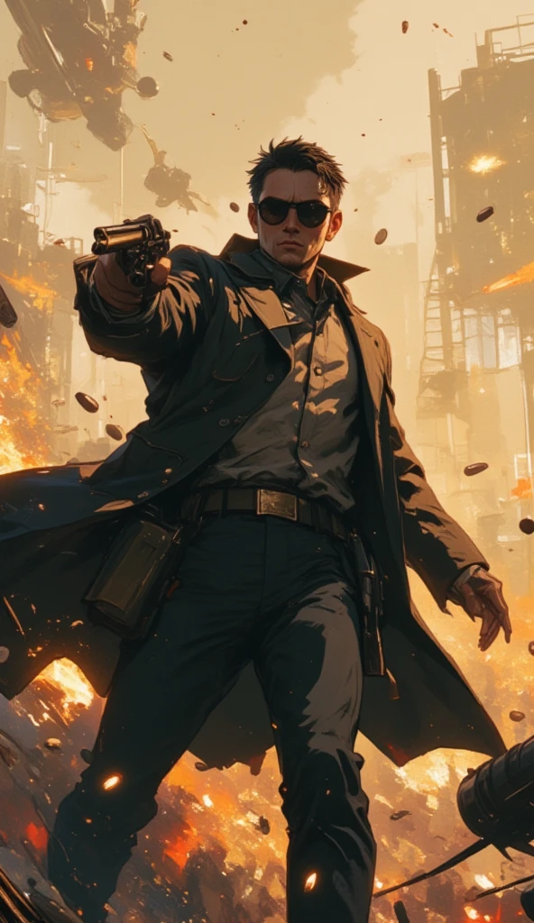A man in overcoat and sunglasses dodging incoming bullets - SeaArt AI