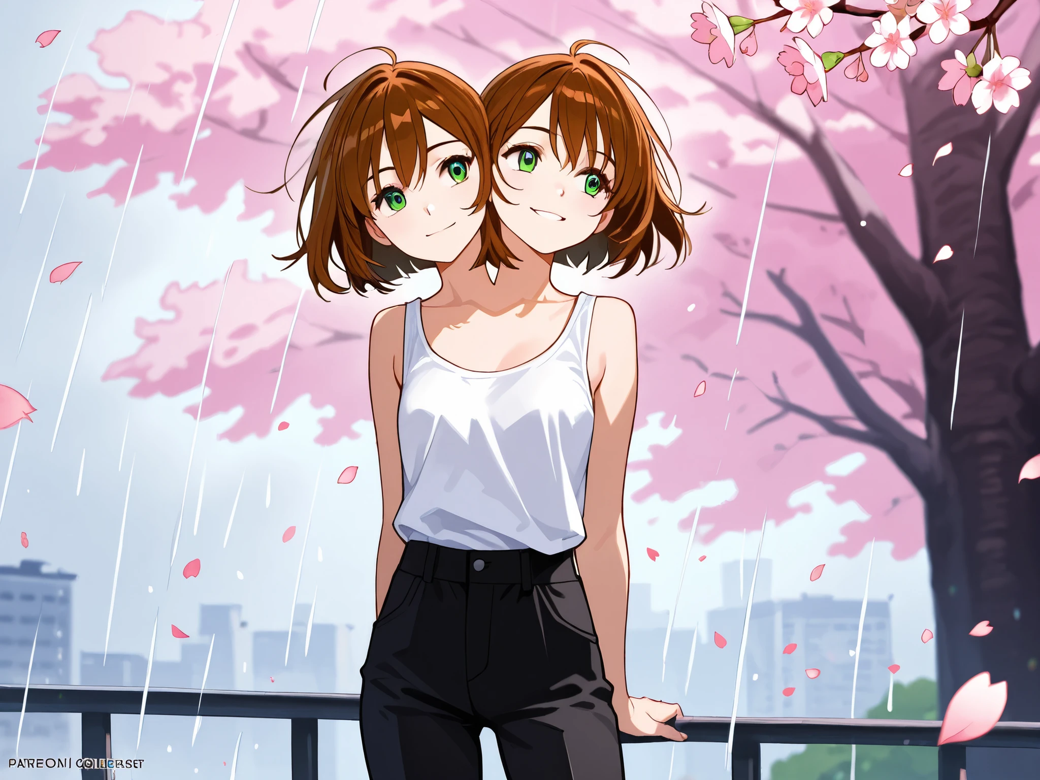 Anime girl with two heads, brown hair, green eyes, relaxed, white tank ...
