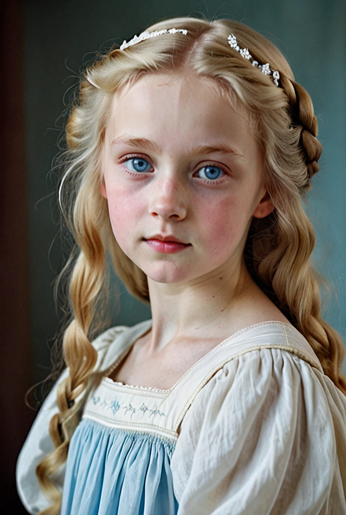 Portrait of a 160-year-old girl with an angelic face, light blonde hair ...
