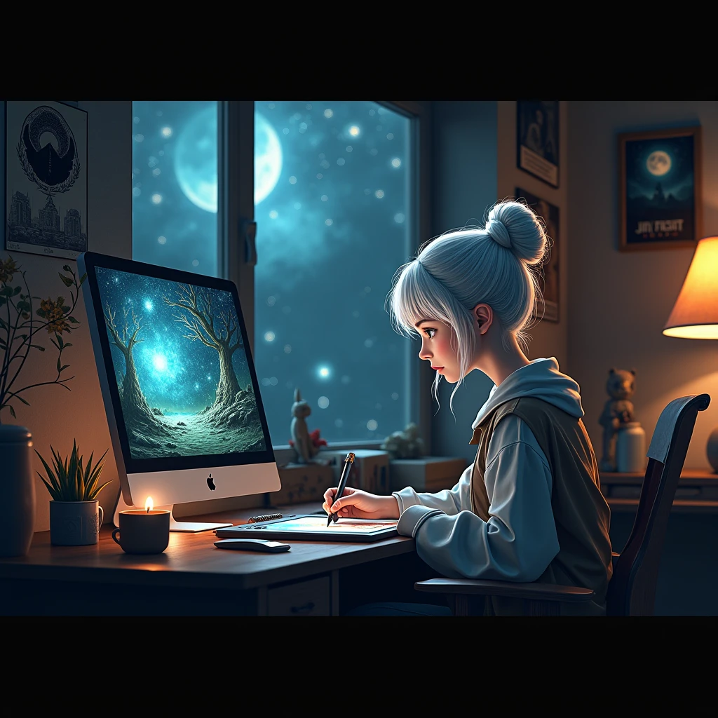 Girl, detailed, 1girl, solo, white hair, hair tied in bun, drawing ...