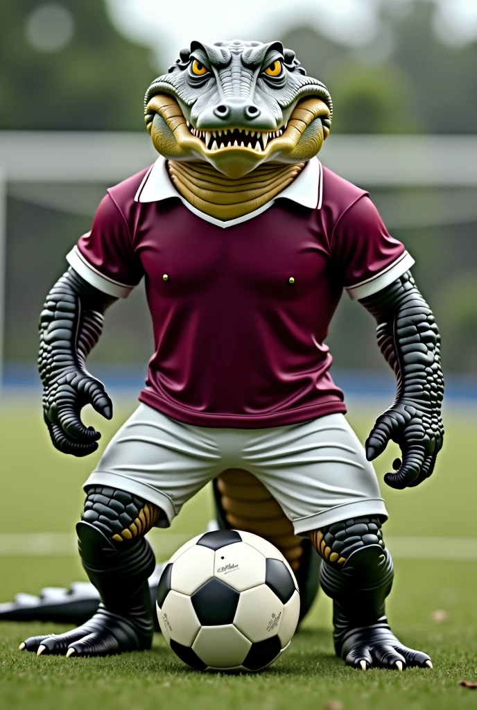 An alligator with an angry face standing, With a soccer ball in the ...