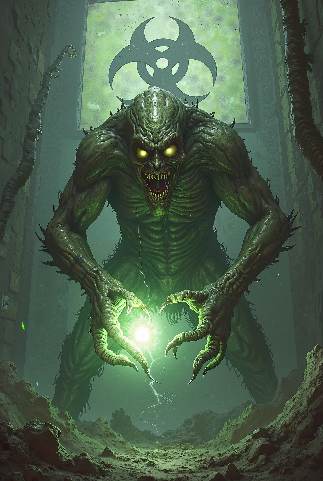 Generate a picture with a biohazard symbol and monster holding a ...