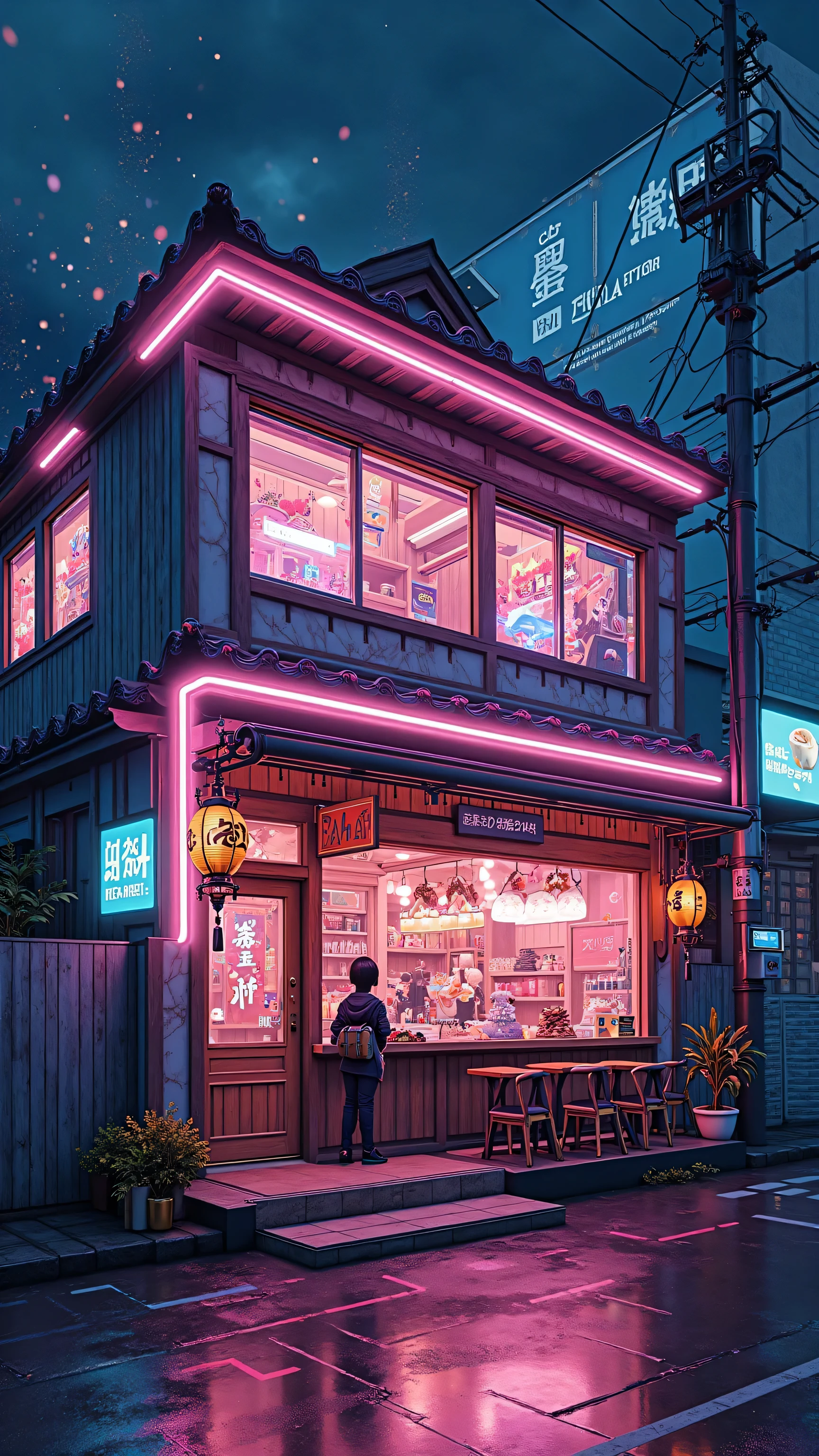 A pulsating anime cyber-café glows against the Tokyo night, its two ...