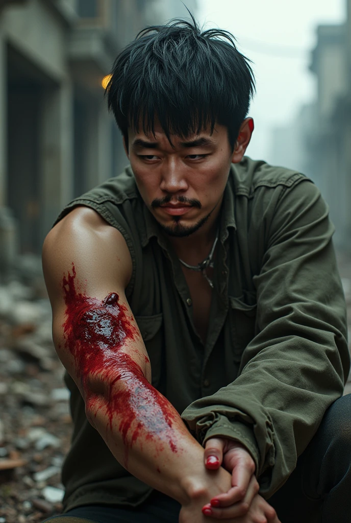 Creates a man with Asian traits, 30 years old with an expression of ...