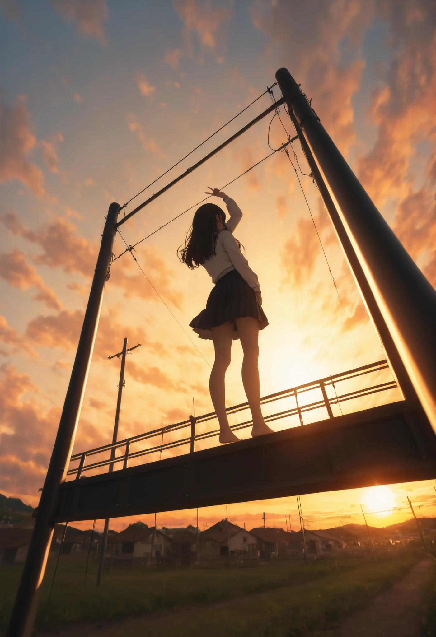 A girl standing in balance on a metal railing ,feet on the railing - SeaArt AI