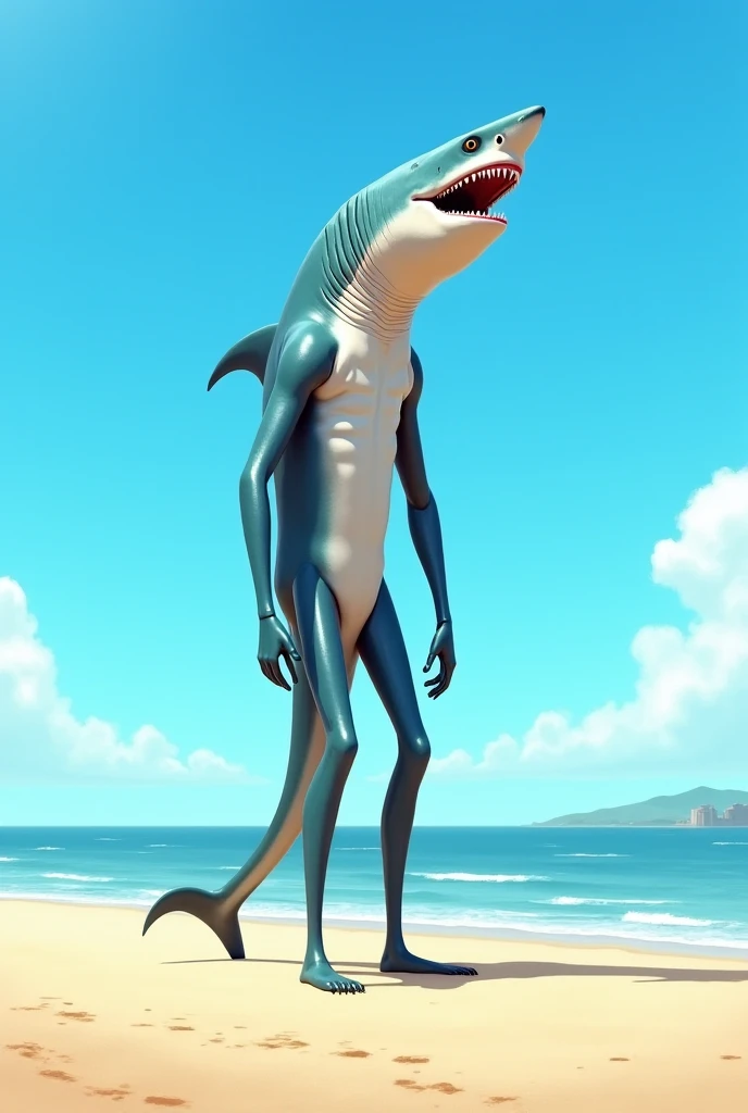 A vertical shark with small arms and legs stands on the beach - SeaArt AI