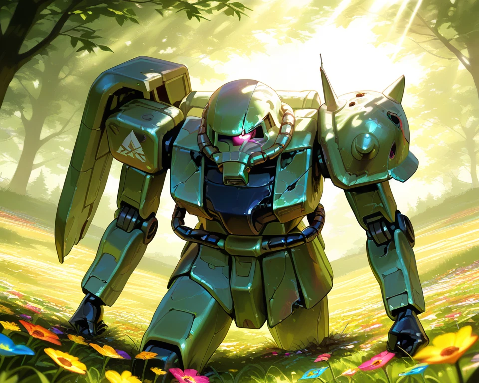 A rotting combat robot "Zaku" in the grassland, completely broken down ...