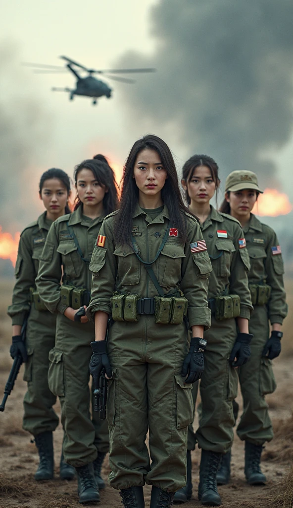A cinematic, ultra-realistic image of five powerful female soldiers ...