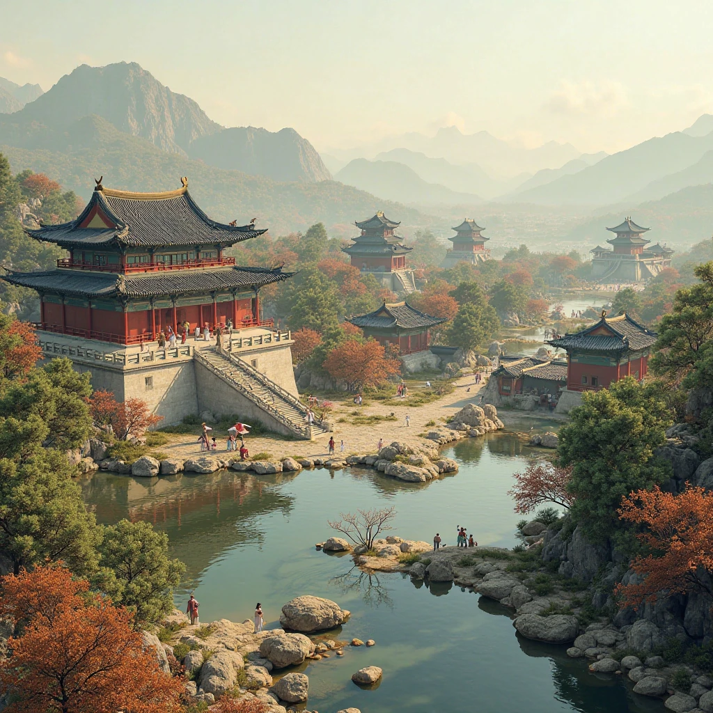A detailed medieval Chinese landscape in the style of the Yuan dynasty ...