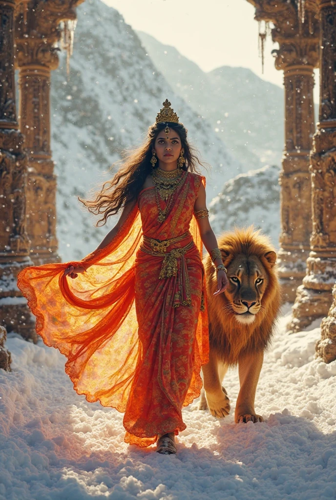 A divine and majestic depiction of Goddess Durga walking forward ...