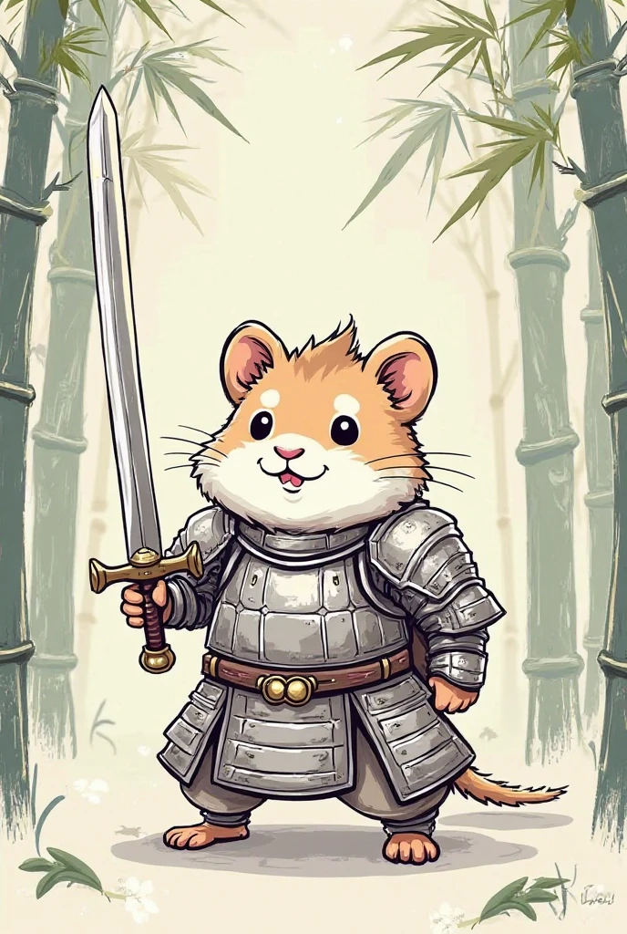 Drawing linography of a hamster holding a sword wearing armor with a bamboo tree - SeaArt AI