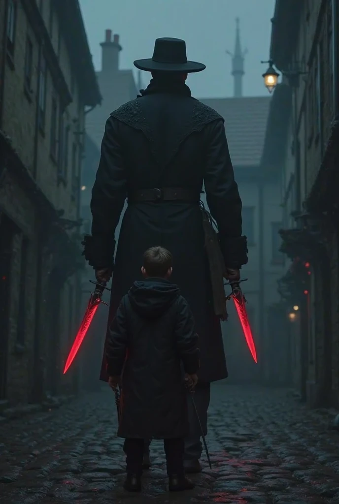 A person of great height in a black coat and a hat and two daggers both ...