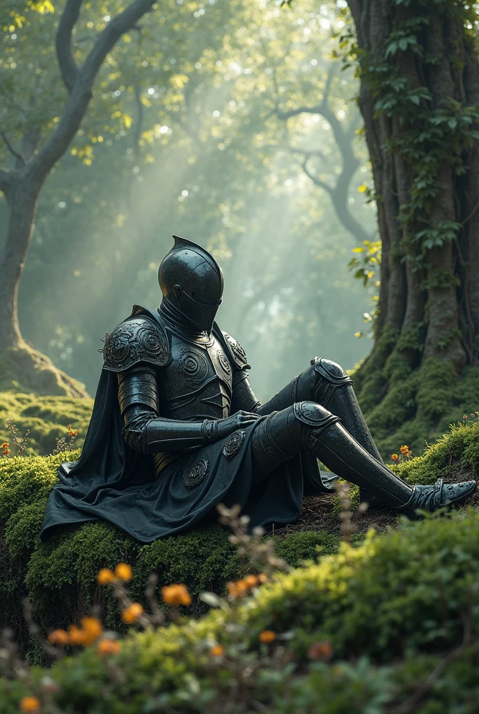 Dark fantasy knight lying in a forest on a field - SeaArt AI