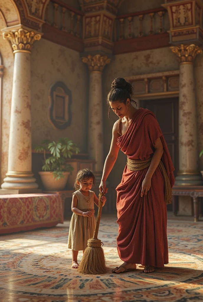 Roman slave mother teaching her young daughter to sweep the floor of ...