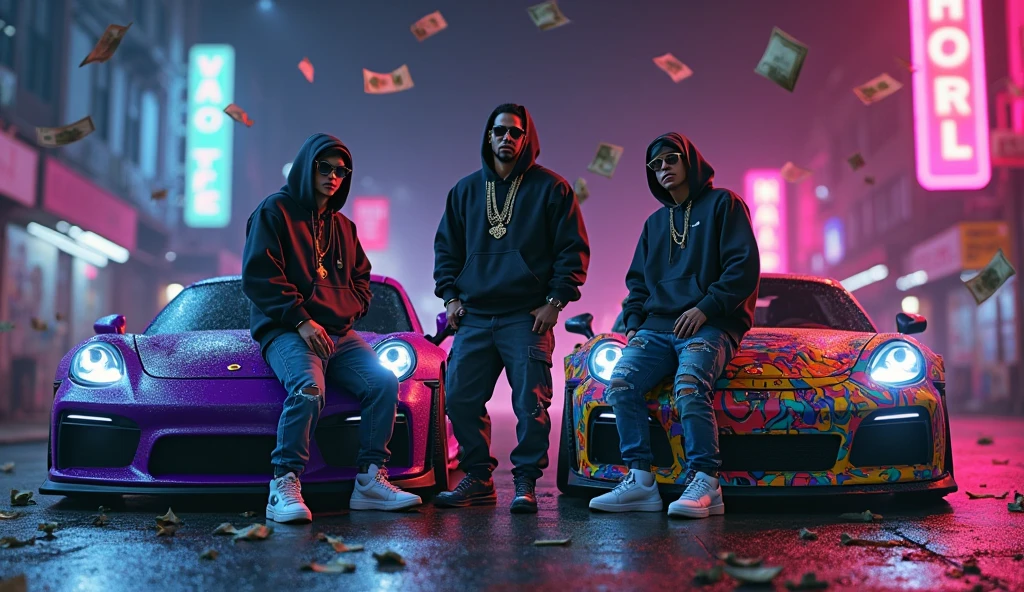 "A stylish gang meetup scene at night with neon lights reflecting off ...