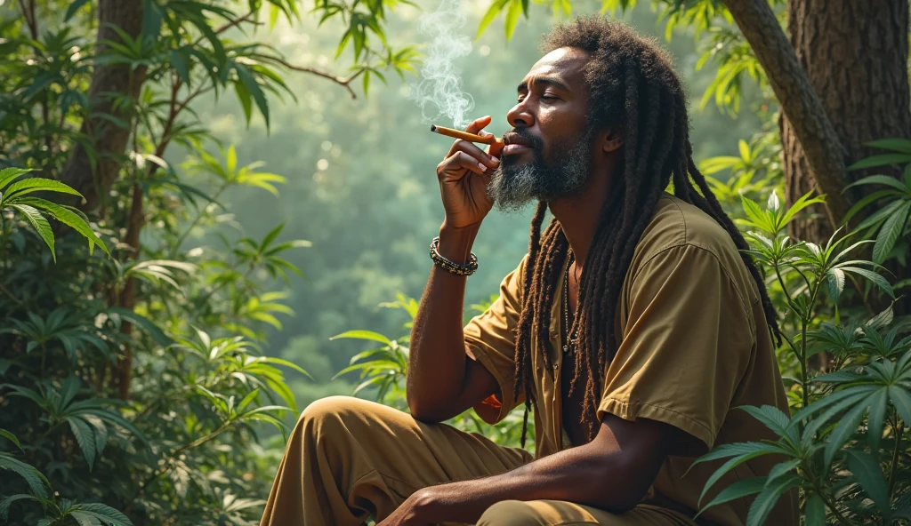 The ganja garden background and reggae man sit down smoking cigarrete ...