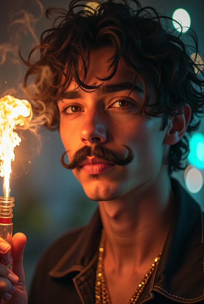 Create an image of a boy with a mustache and dark hair and crisp ...