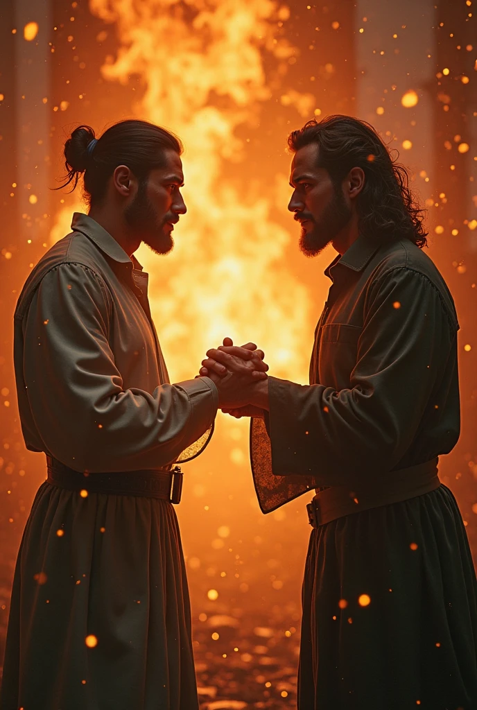 Handshake in a scene filled with emotion, fire, and light - SeaArt AI