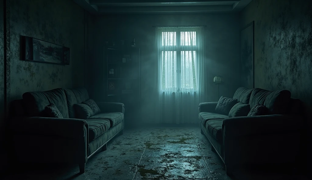 "A dark, oppressive living room with an eerie atmosphere. The room is ...