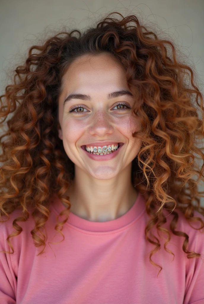 There is a woman with braces on her teeth and a pink shirt, brown curly ...
