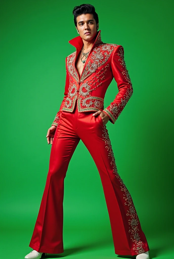 Elvis Presley, red and white costume, full body, frontal, green ...