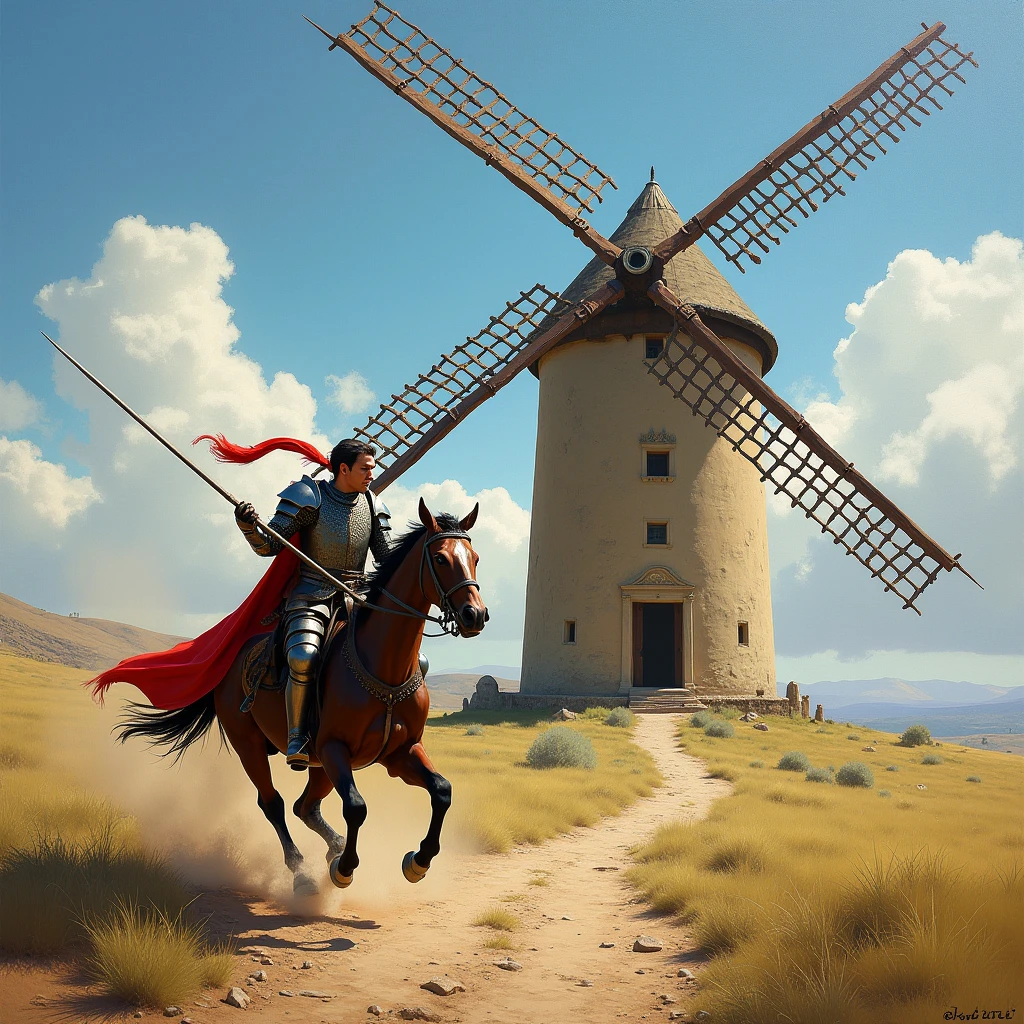 Don Quixote charging against a windmill. The wind turns the blades ...
