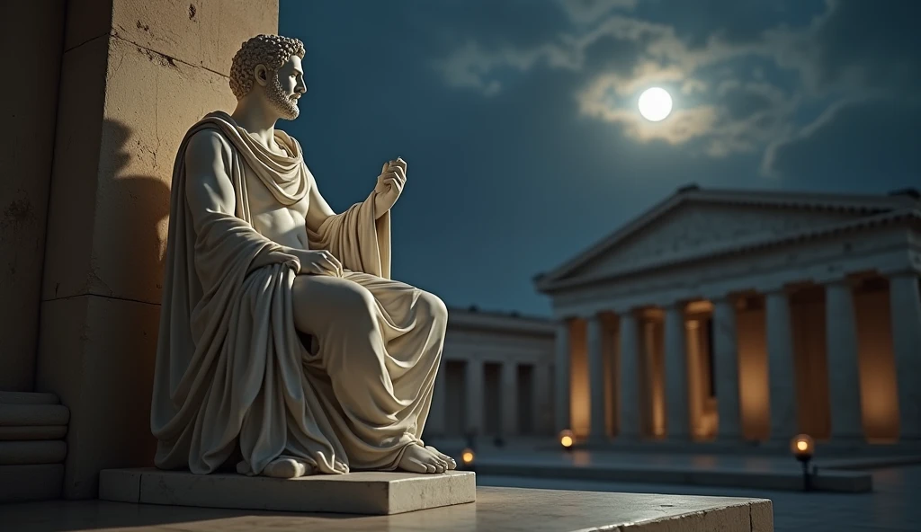 "Epictetus sculpted in white marble, seated in a teaching posture with ...