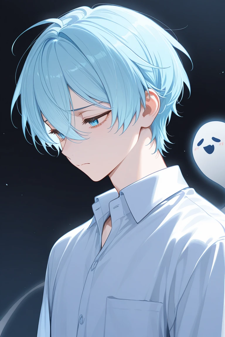 Sad ghost boy with light blue hair - SeaArt AI