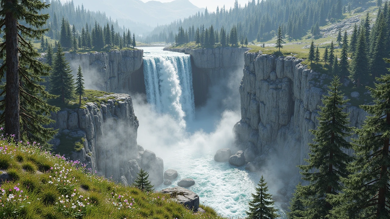 "A dynamic high-angle view of a misty waterfall pouring down jagged ...