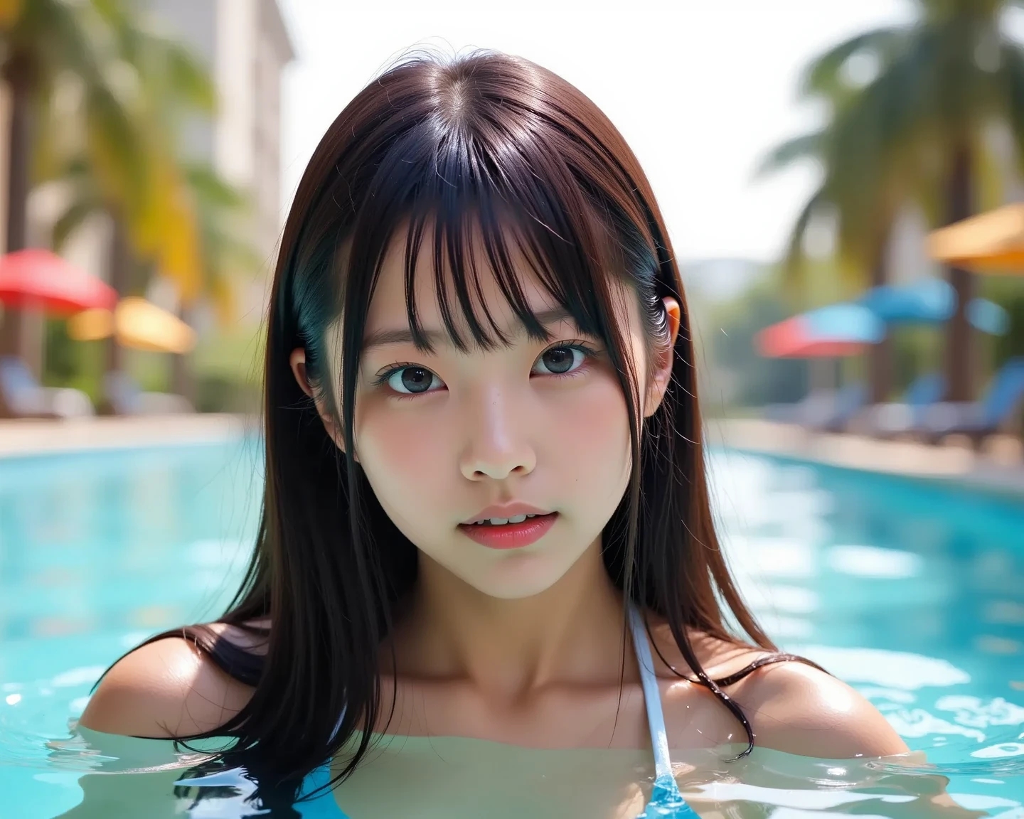 Young girl, public pool, mikro bikini, detailed portrait, realistic ...